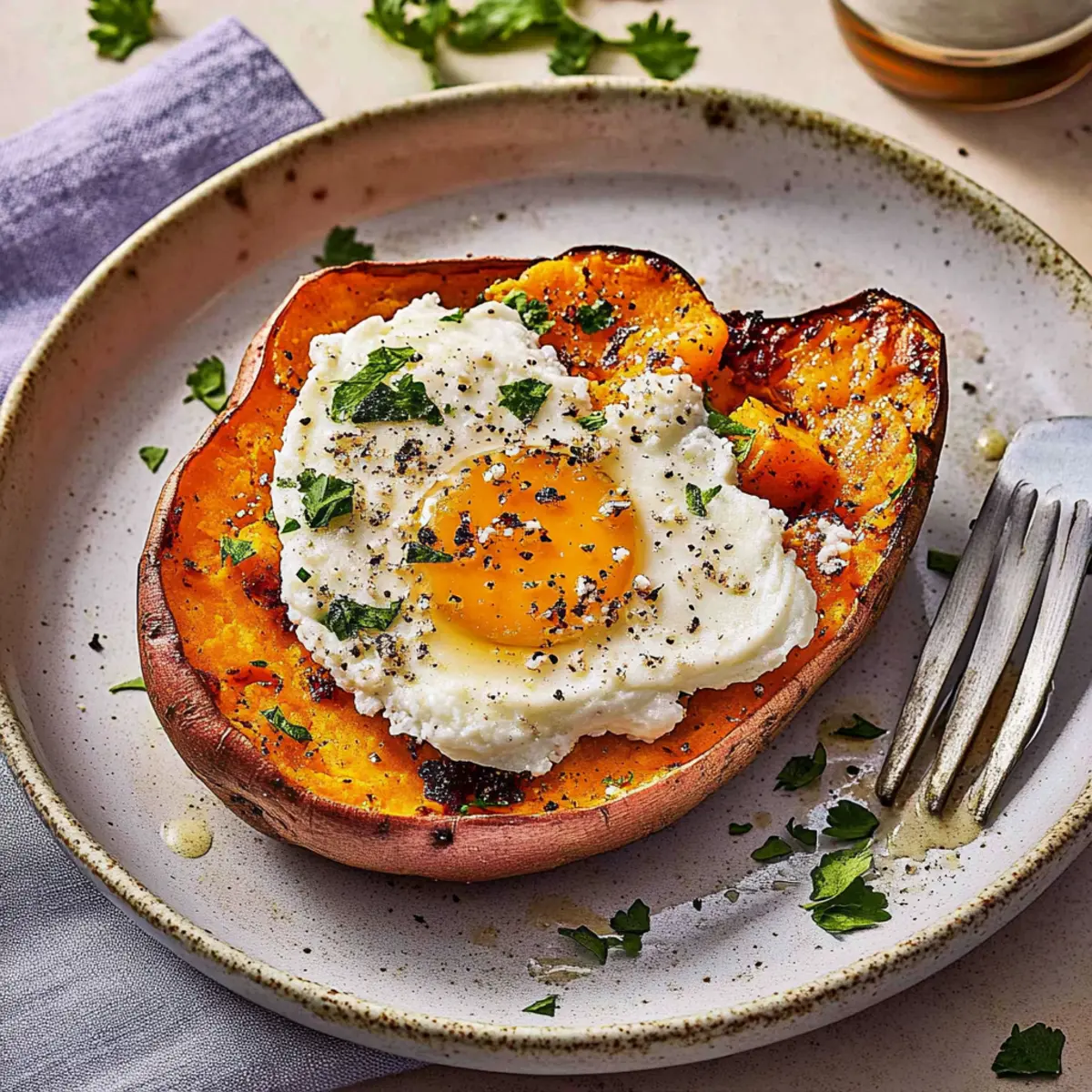 Delicious Breakfast Sweet Potatoes Topped with Fried Eggs and Feta