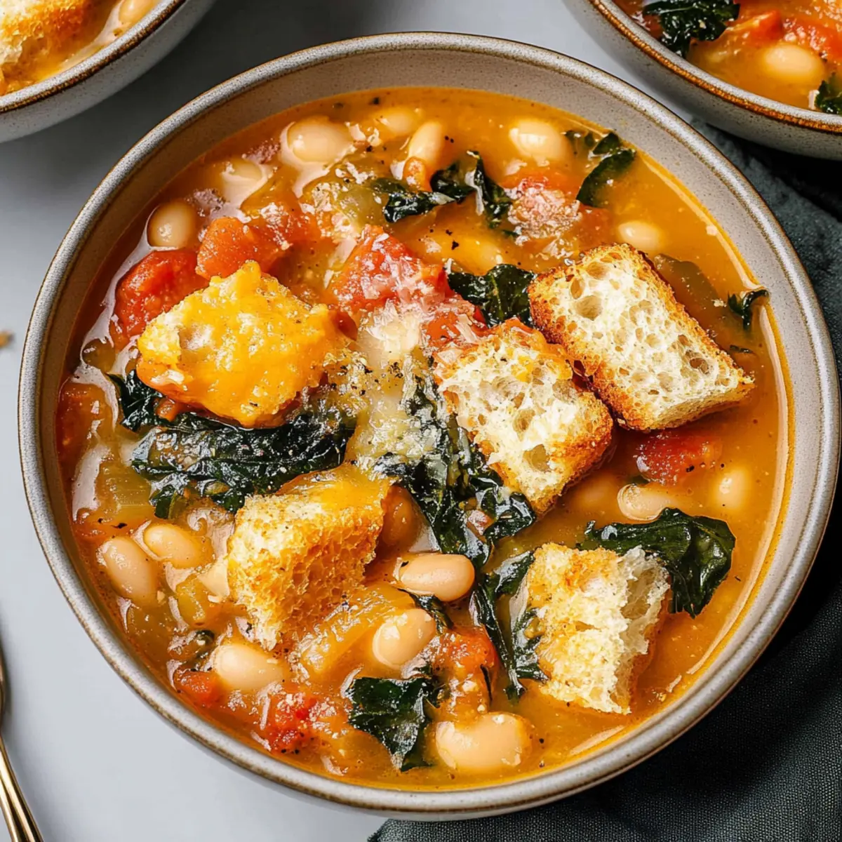 Easy Tuscan White Bean Soup Recipe with Kale and Croutons